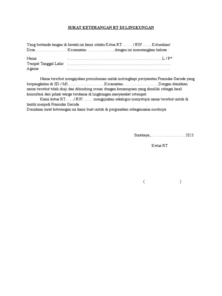 Surat Keterangan RT Di Lingkungan | PDF