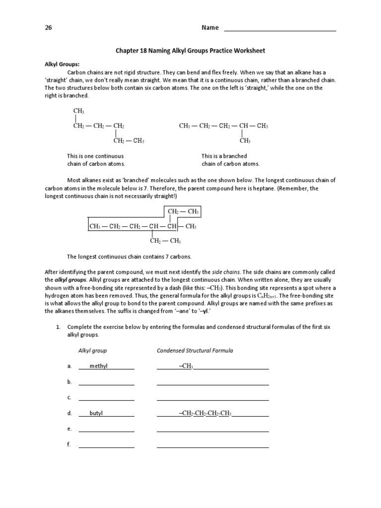 CH 18 Naming Alkyl Groups Practice Worksheet1 | PDF | Science ...