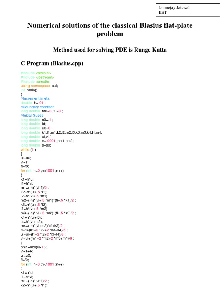 Numerical Solutions of The Classical Blasius Flat-Plate Problem | PDF