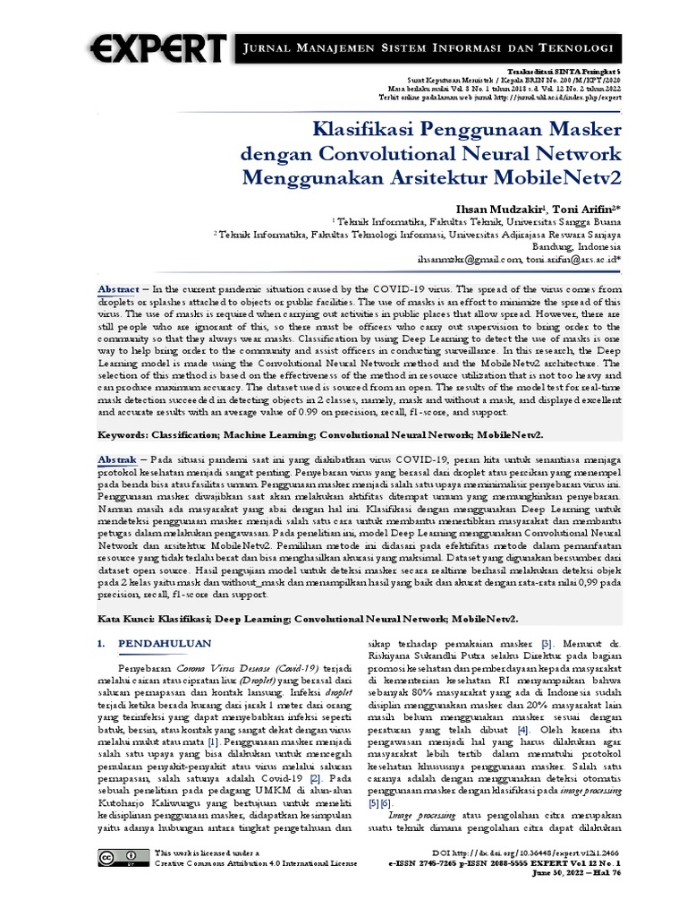 Klasifikasi Penggunaan Masker dengan CNN Mobile Netv2 | PDF