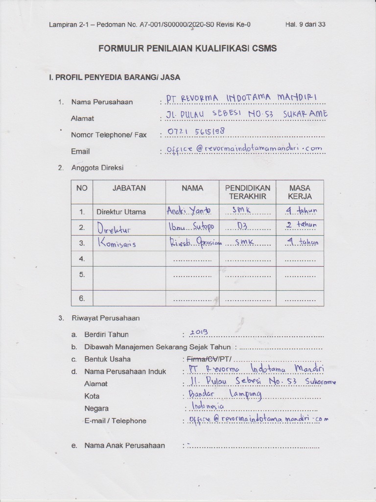 Formulir Penilaian Kualifikasi CSMS | PDF