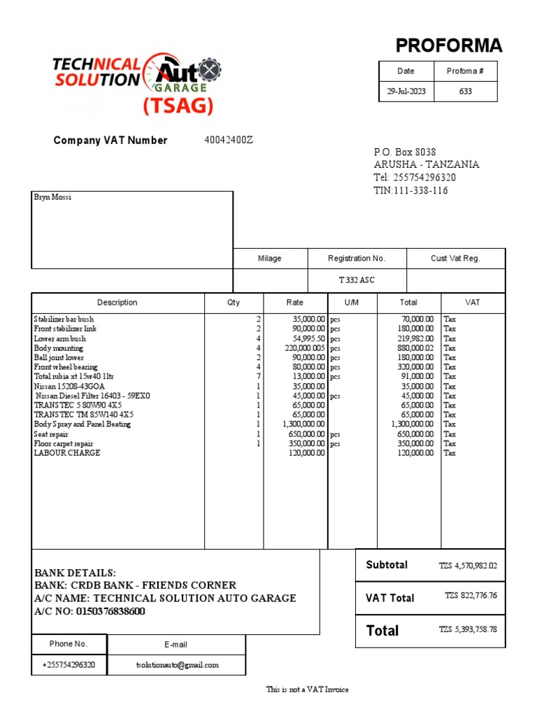 Proforma Invoice for Auto Repairs | PDF