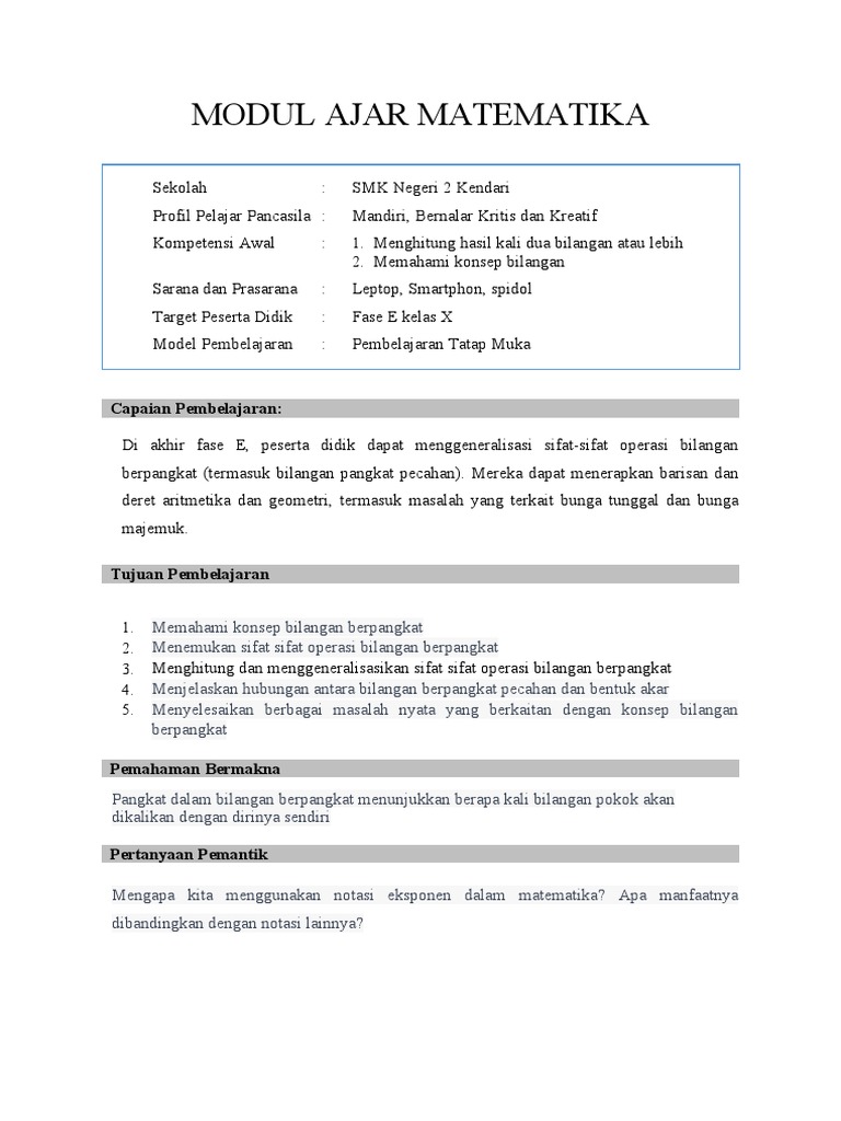 Modul Ajar Matematika Bilangan Berpangkat | PDF