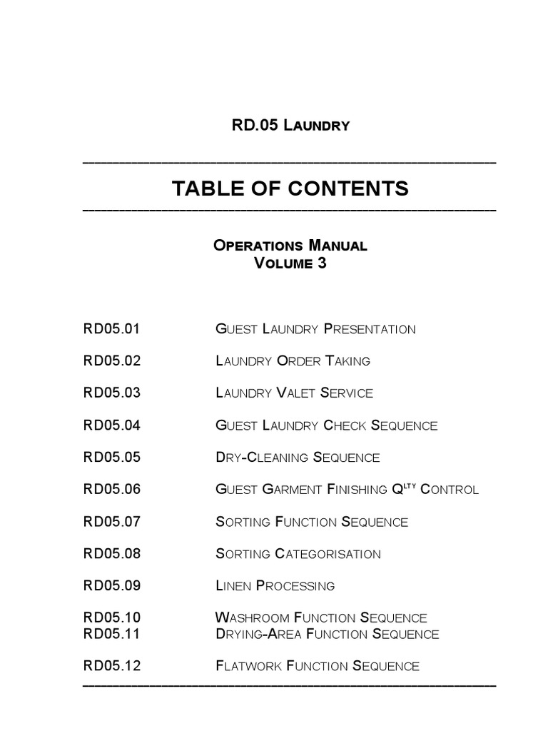 RD.05.Table of Contents Operations Manual Laundry | PDF