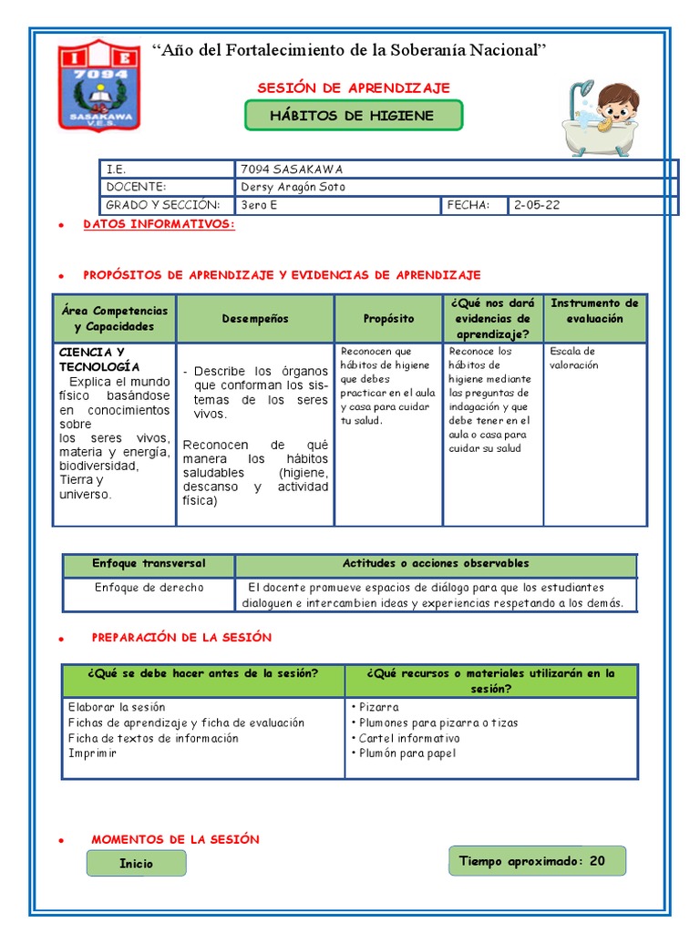SESIÓN de APRENDIZAJE Cyt Habitos de Higiene | PDF