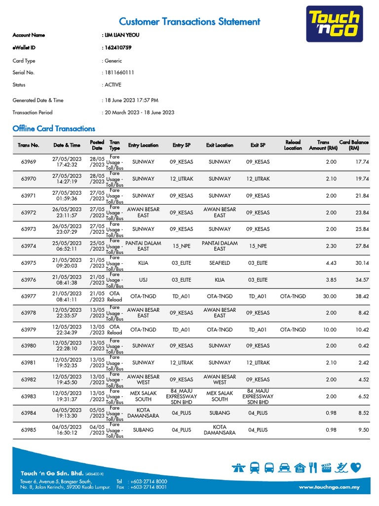 Touch 'n Go Transaction Statement | PDF | Public Transport | Banking ...