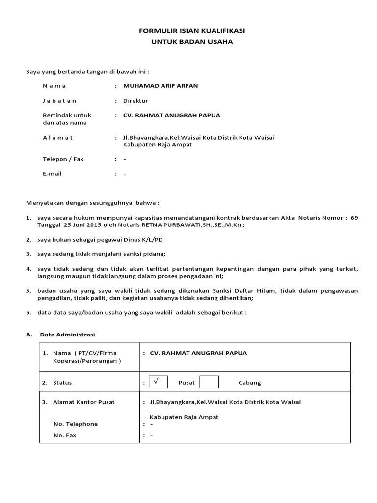 Kualifikasi CV Rahmat Anugrah Papua | PDF | Hukum