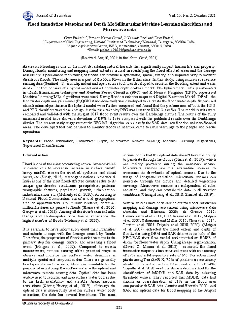 Flood Inundation Mappingand Depth Modellingusing Machine Learningalgorithmsand Microwave Data