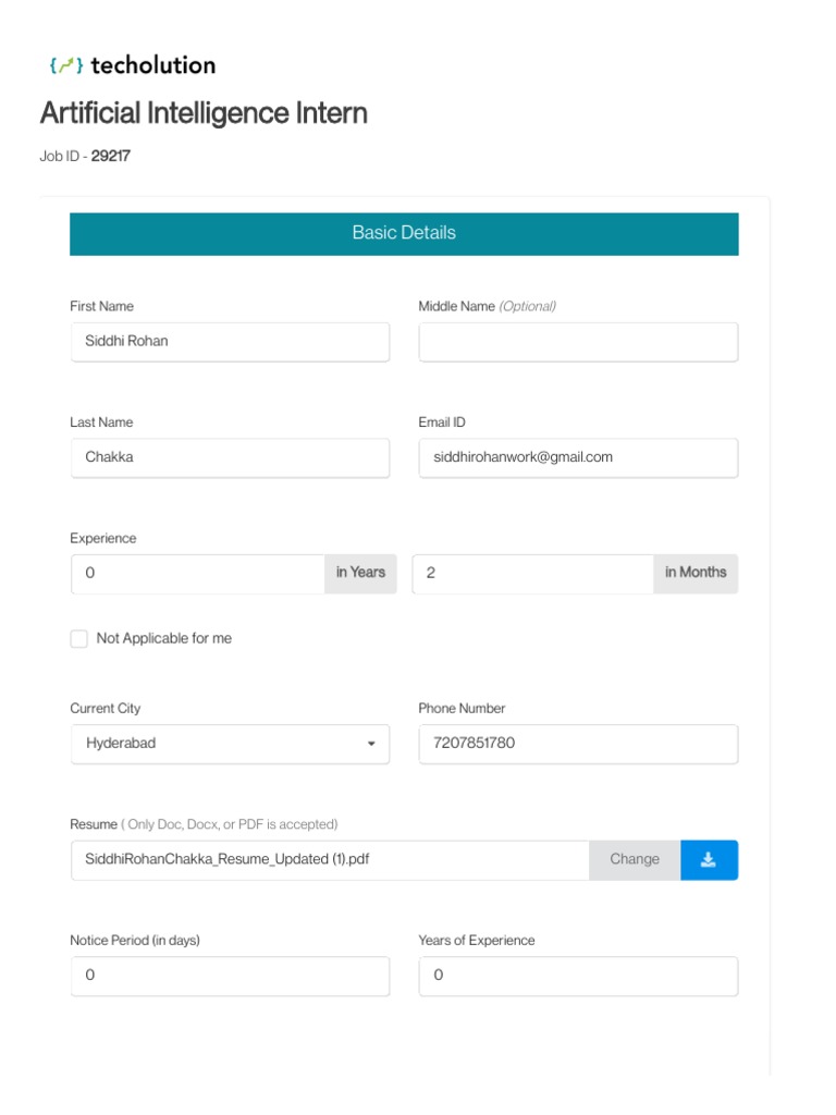 Apply for Artificial Intelligence Intern at Techolution | PDF