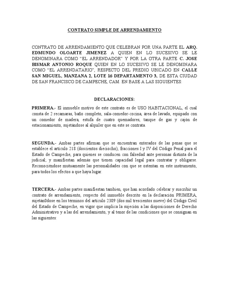 CONTRATO SIMPLE DE ARRENDAMIENTO Bismar | PDF | Justicia | Crimen y violencia
