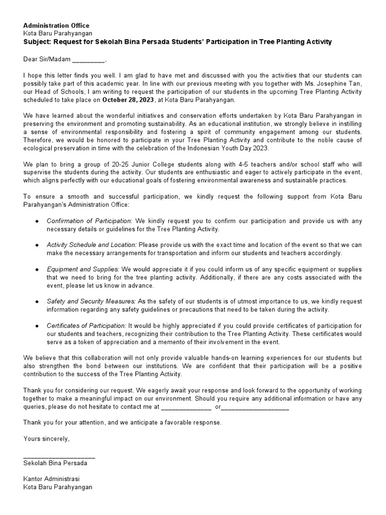 Request Letter for Tree Planting Activity | PDF