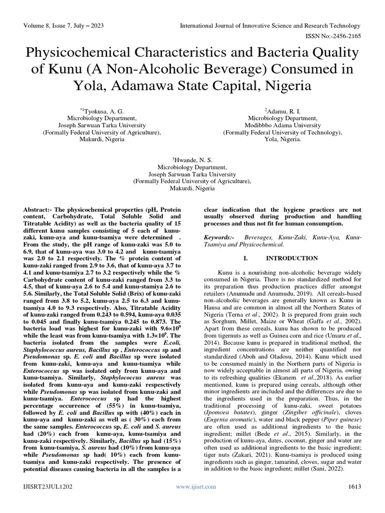 Physicochemical Characteristics and Bacteria Quality of Kunu (A Non ...