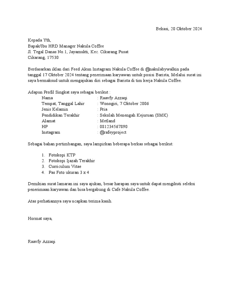 Contoh Surat Lamaran Kerja Part Time Di Cafe | PDF