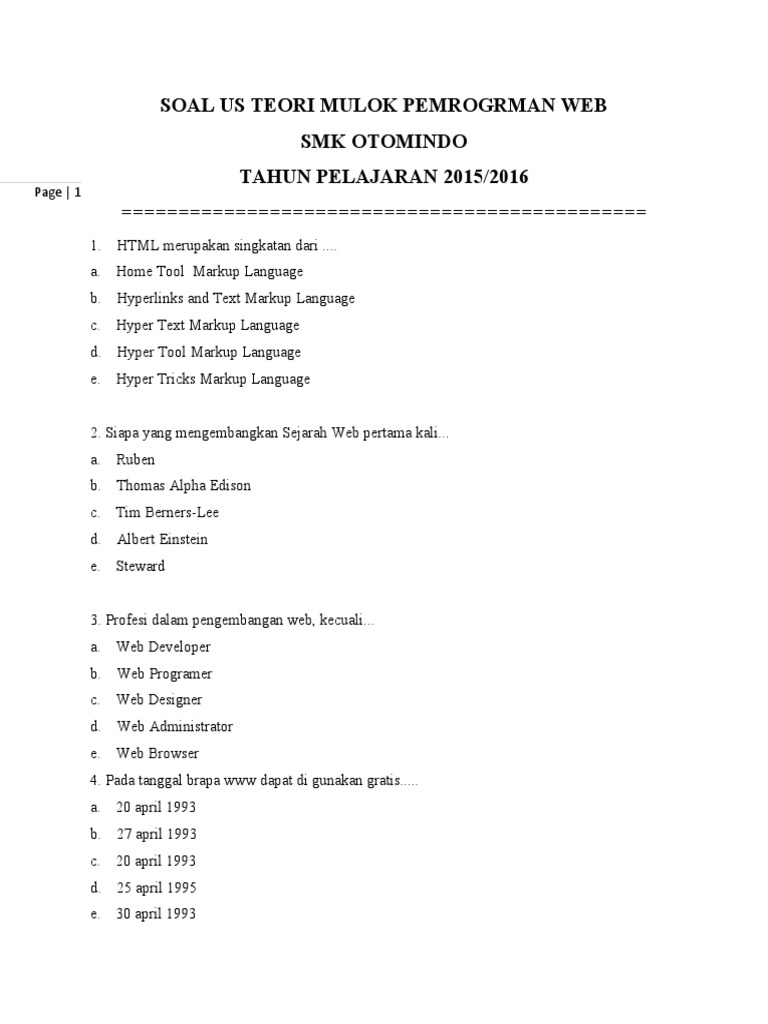 Soal Mulok Pemrog Web Kelas XII | PDF
