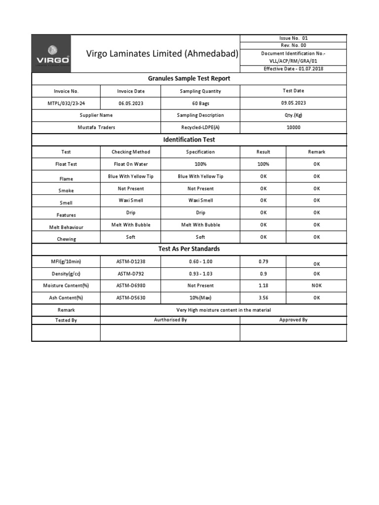 LDPE granules sample test report of Mustafa traders invoice no.- 032 | PDF