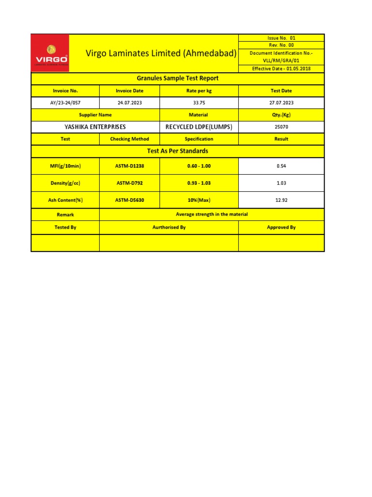 LDPE Lumps Sample Test Report of Yashika Enterprises Invoice No. - 057 ...