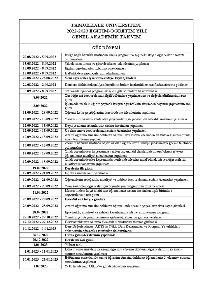 2022-2023 Genel Akademik Takvim | PDF