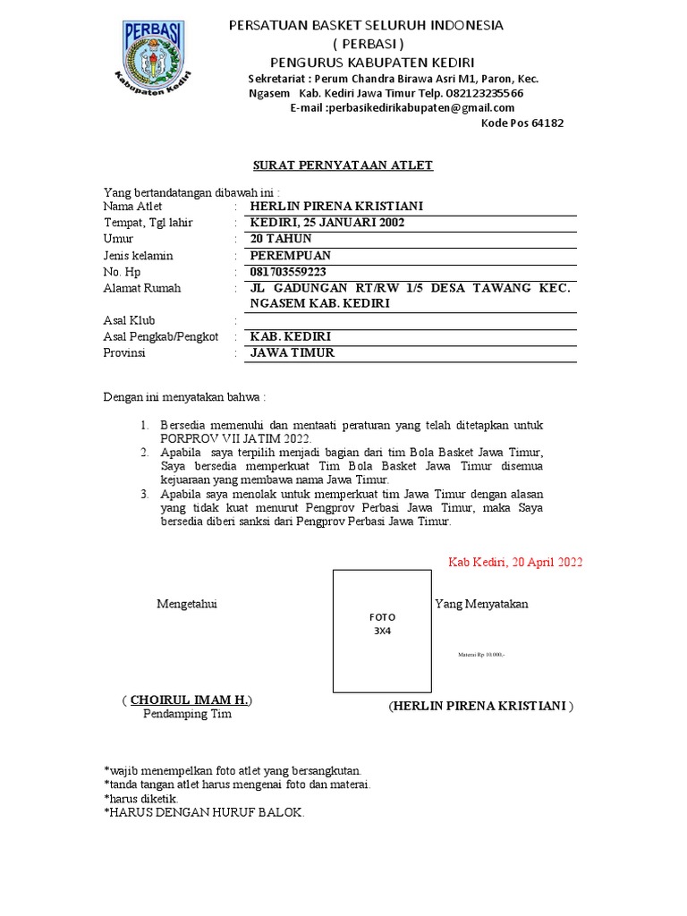 Surat Pernyataan Atlet 3X3 | PDF