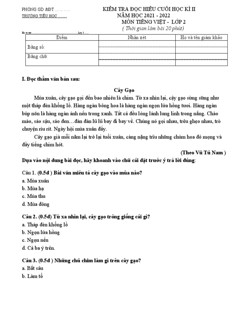 De Thi Hoc Ki 2 Mon Tieng Viet Lop 2 Sach Canh Dieu Kem Ma Tran Va Dap ...