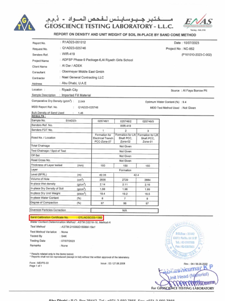 Sand Calibration Certificate - FDT | PDF