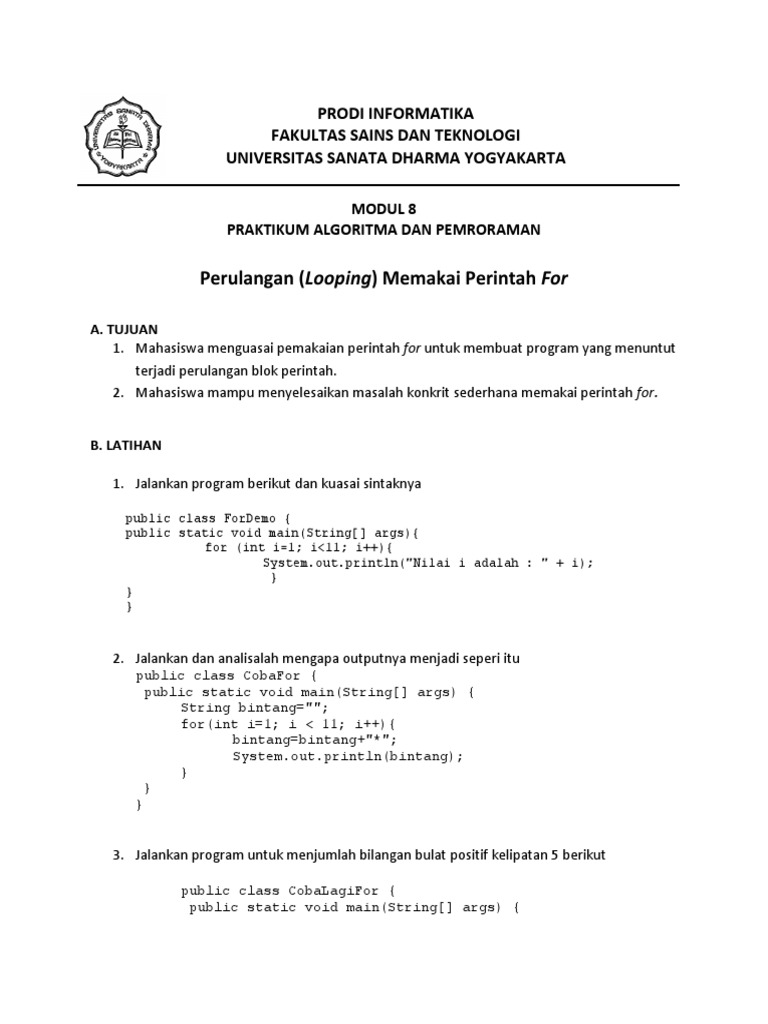 Praktikum Perulangan For dalam Java | PDF | Metode & Bahan Ajar ...