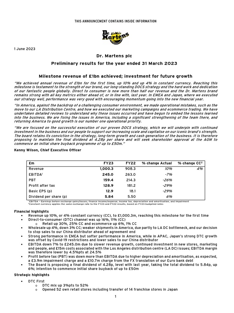 Dr. Martens PLC FY23 Results Statement | PDF