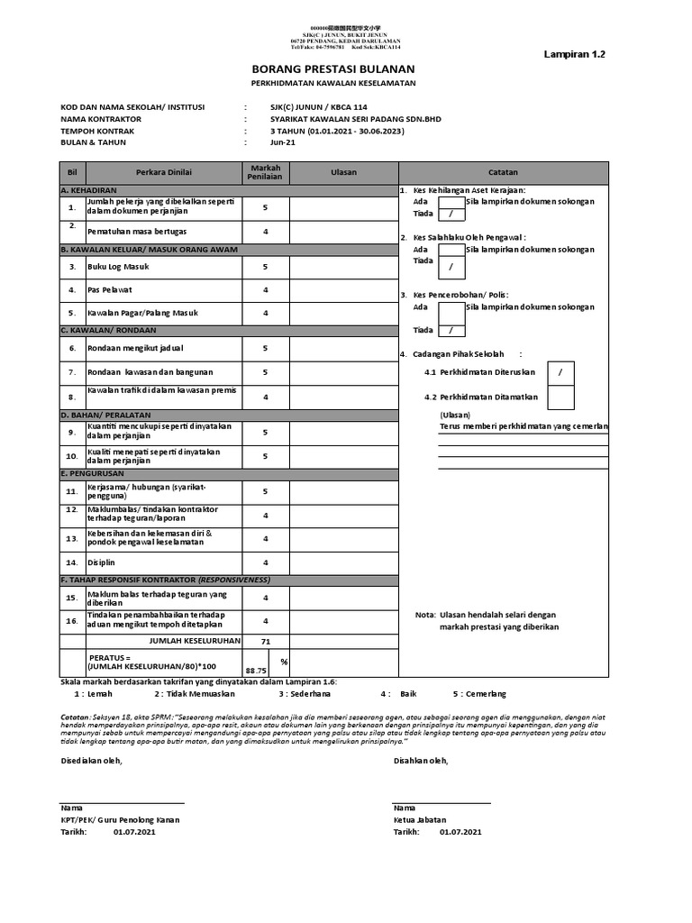 Borang Penilaian Prestasi Kontraktor KBK & PKK Setiap Bulan | PDF