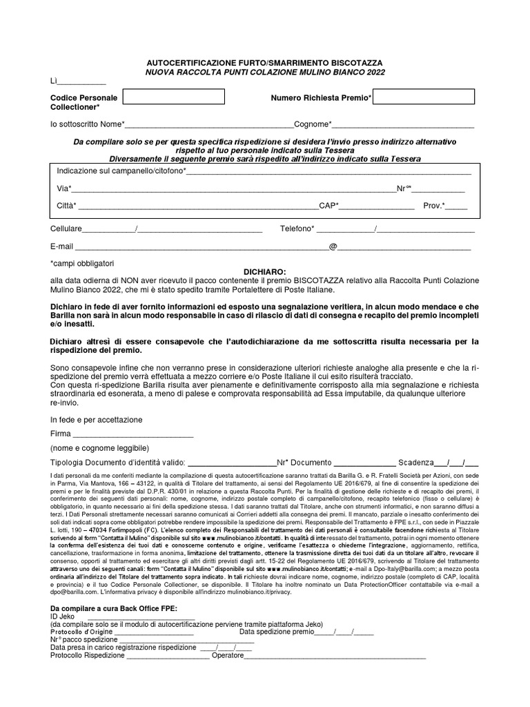 Raccolta Punti Colazione 2022 Modulo Di Autocertificazione Furto ...