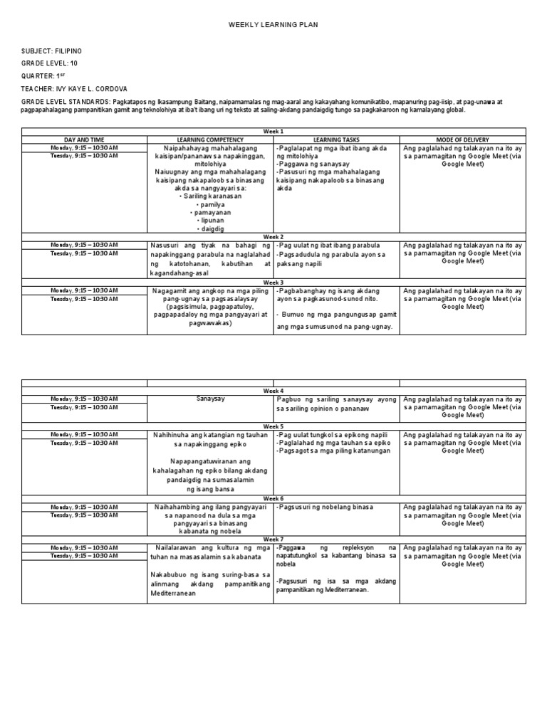 Filipino 10 Weekly-Learning-Plan-Quarter-1 | PDF