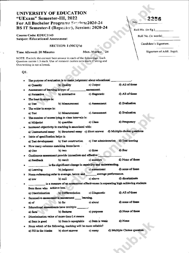 EDUC 3143 BS Programs Education University Lahore Objective Past Papers ...