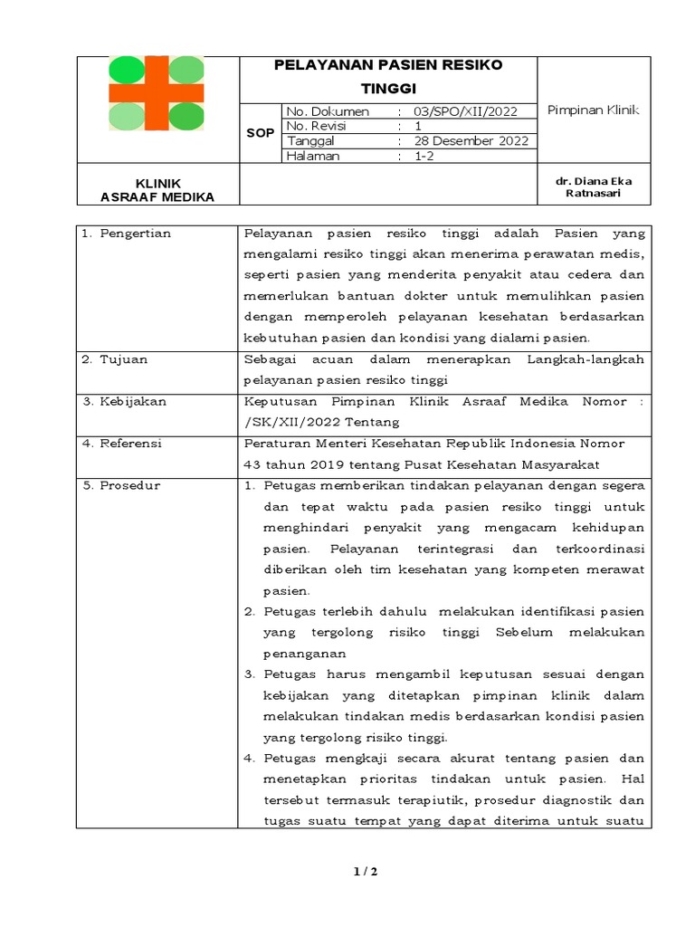 22) SOP PELAYANAN PASIEN RESIKO TINGGI | PDF