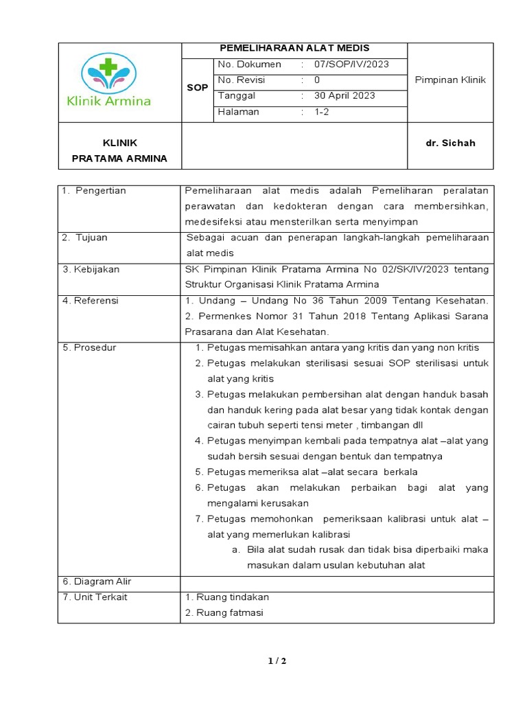 7) SOP PEMELIHARAAN ALAT MEDIS | PDF
