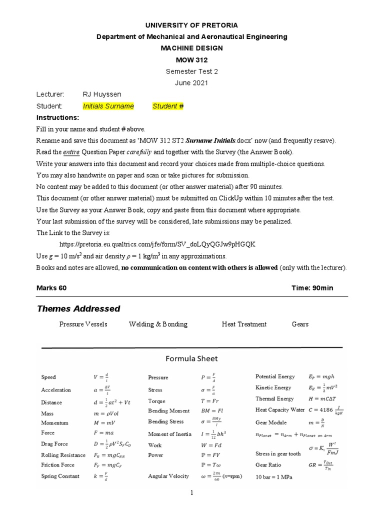 MOW 312 Machine Design Semester Test 2 | PDF | Welding | Construction