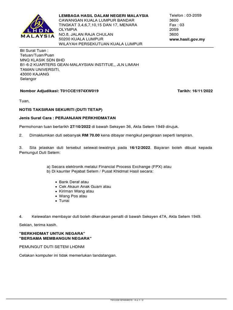 MNQ KLASIK SDN BHD letter | PDF