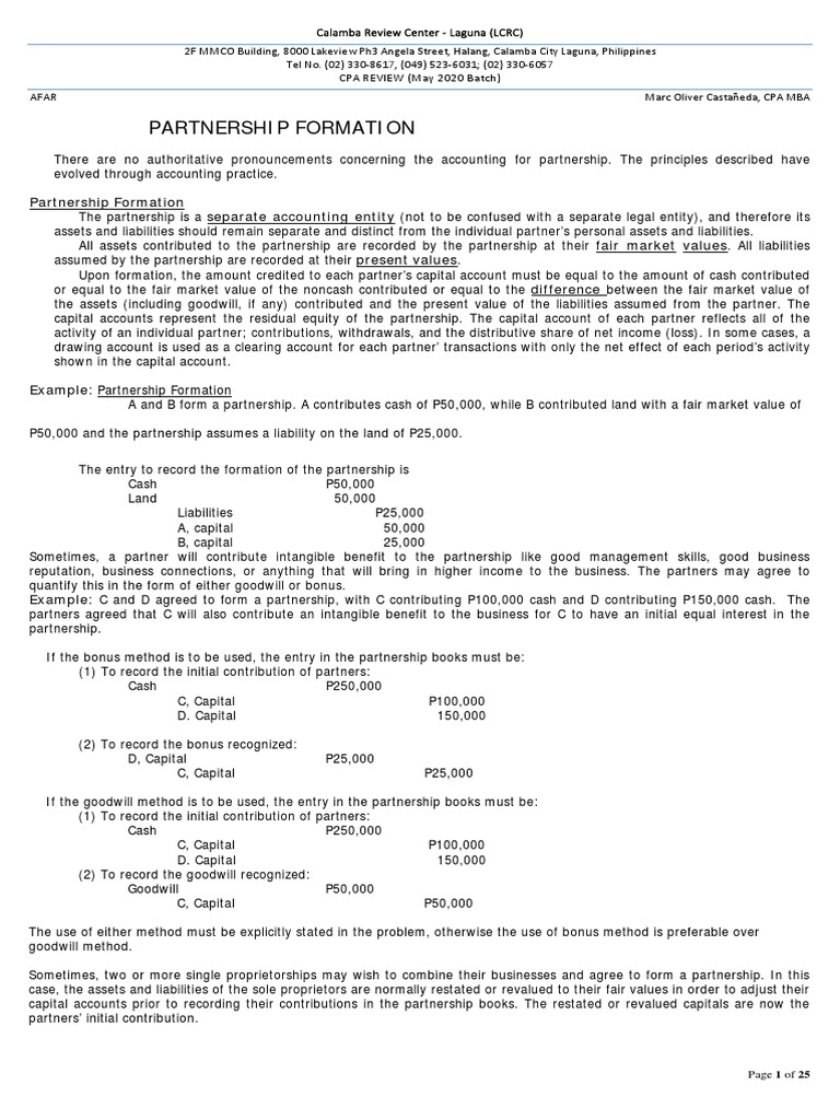 Partnership Formation | PDF | Financial Capital | Goodwill (Accounting)