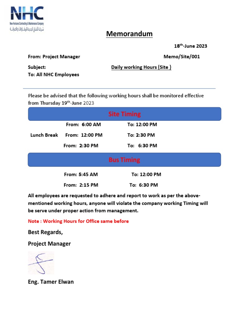 RTR Project Memorandum - 1 - For Daily Working Hours | PDF