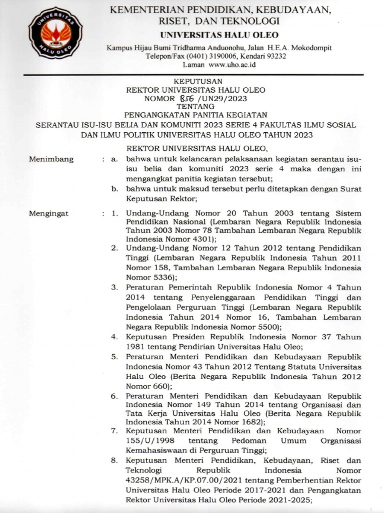 SK Rektor Pengangkatan Panitia Kegiatan Serantau Isu-Isu Belia Dan Komuniti 2023 Serie 4 FISIP ...