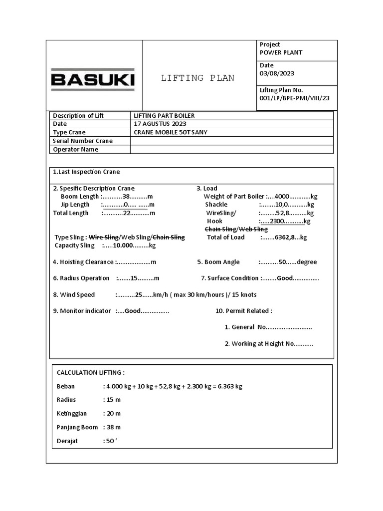 Lifting Plan Part Boiler | PDF
