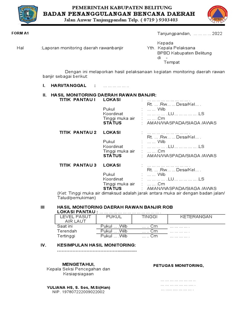 Form A1. Laporan Harian Monitoring Area Rawan Banjir | PDF