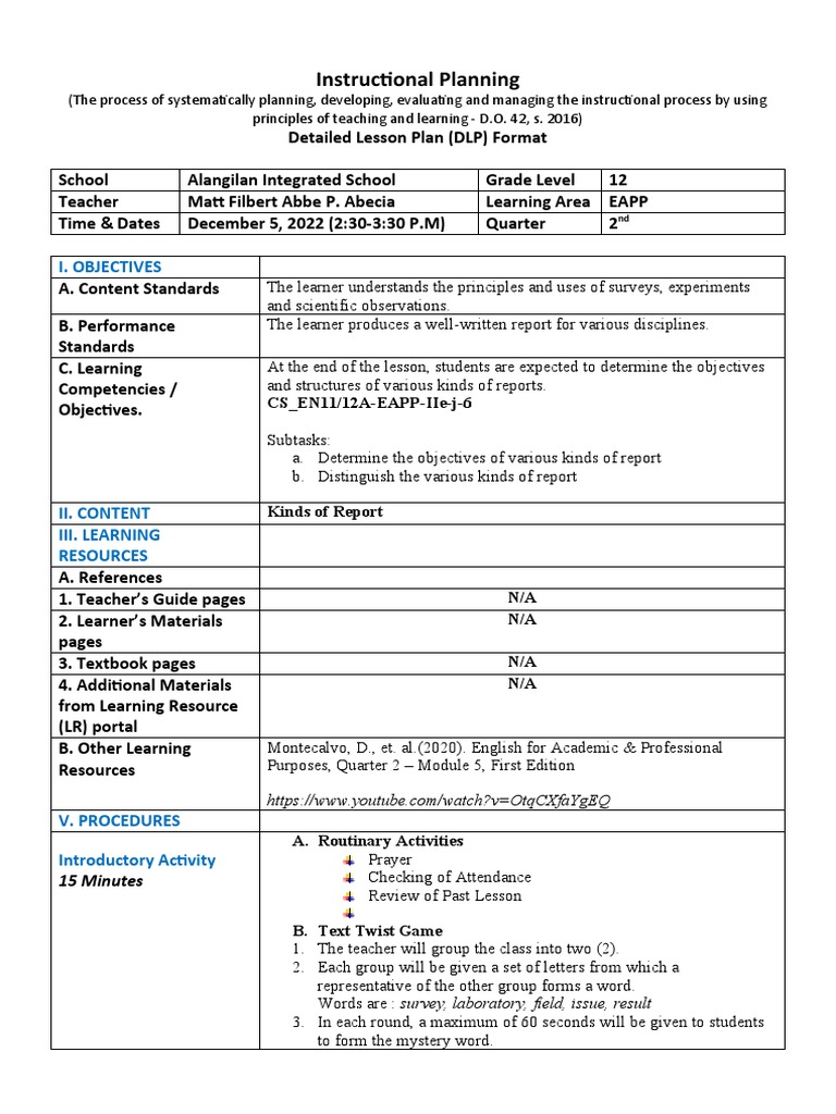 Demo - Structure of Reports | PDF | Learning | Lesson Plan