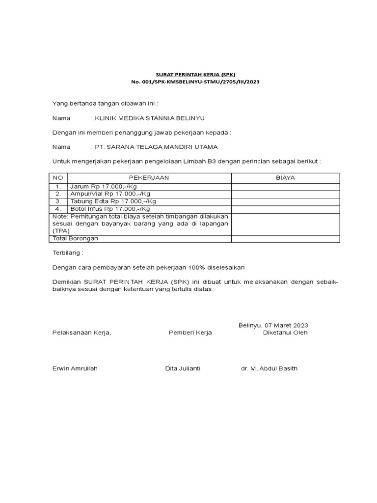 SPK Pengelolaan Limbah B3 Klinik Medika | PDF