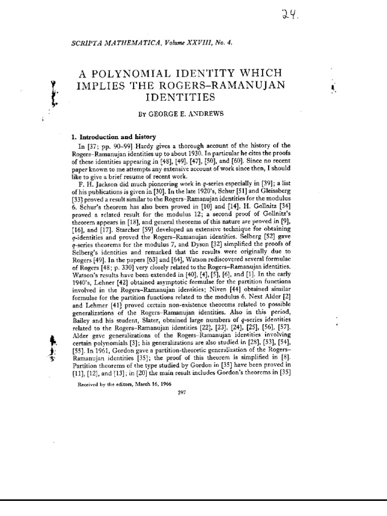 A Polynomial Identity Which Implies The Rogers-Ramanujan Identities | PDF