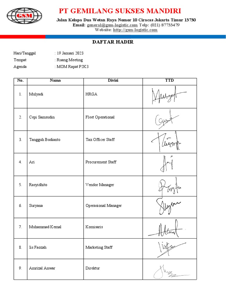 Daftar Hadir Rapat P2K3 19 Januari 2023 | PDF