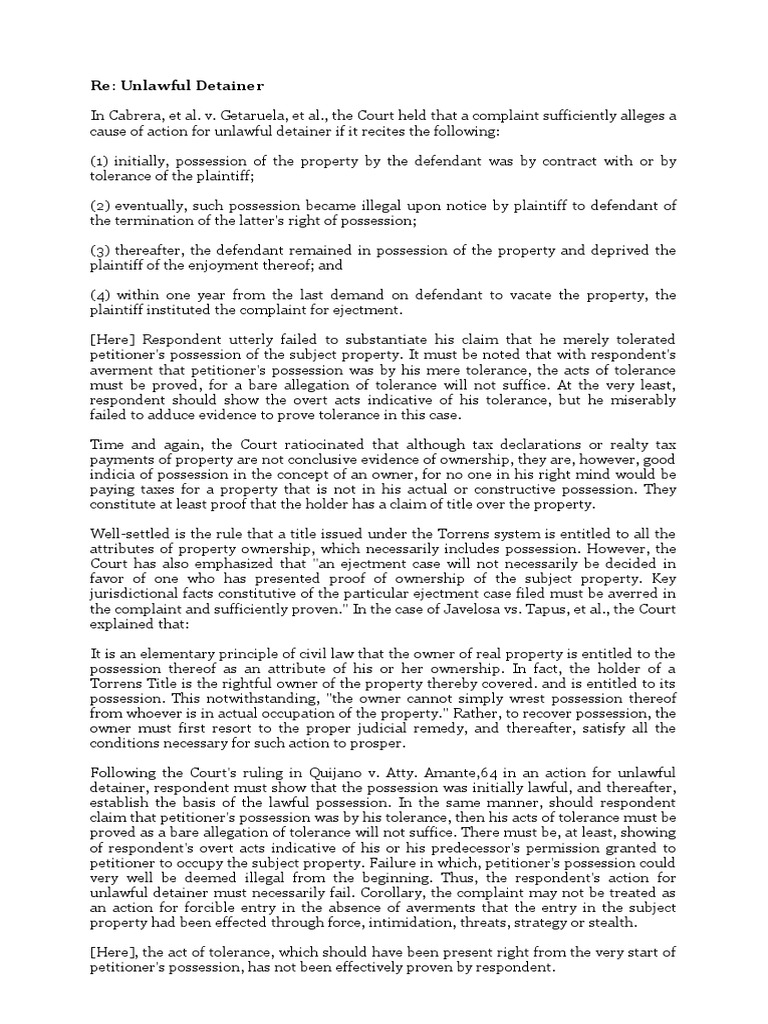 Cabrera, Et Al. v. Getaruela - Unlawful Detainer | PDF