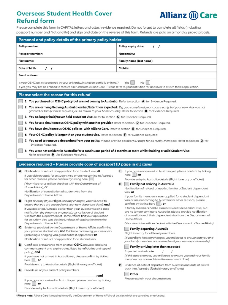 Allianz OSHC Refund Application Form | PDF | Social Science | Law