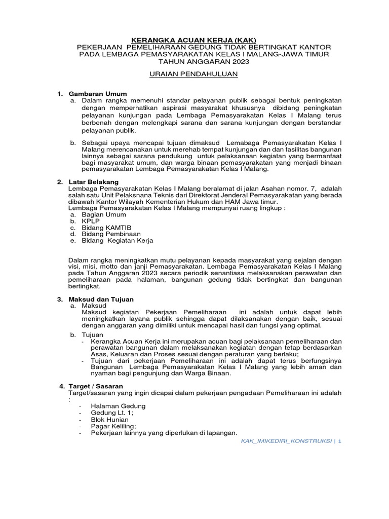 Kak Pemeliharaan Gedung Lapas Kelas I Malang | PDF