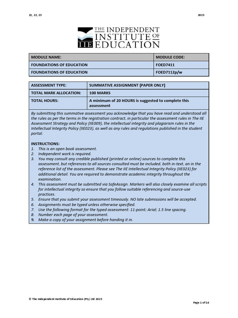 Foundations of Education Assessment Guide | PDF | Lesson Plan ...