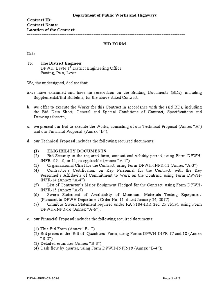 DPWH-INFR-09 Bid Form | PDF | Business