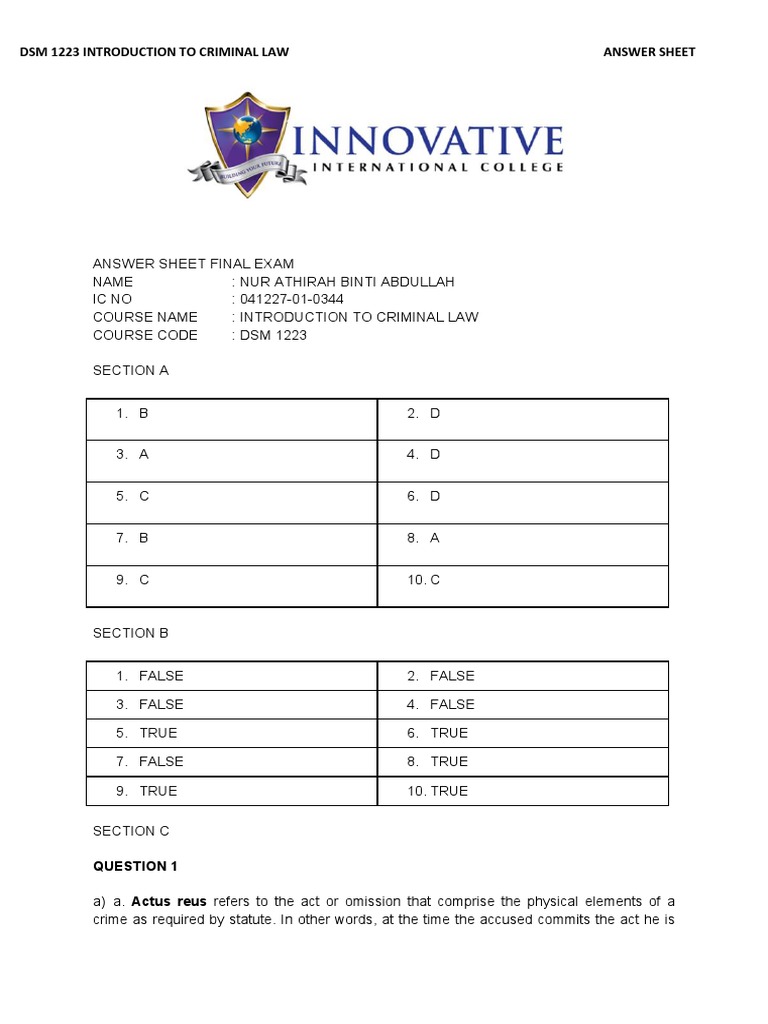 Answer Sheet Introduction To Criminal Law | PDF
