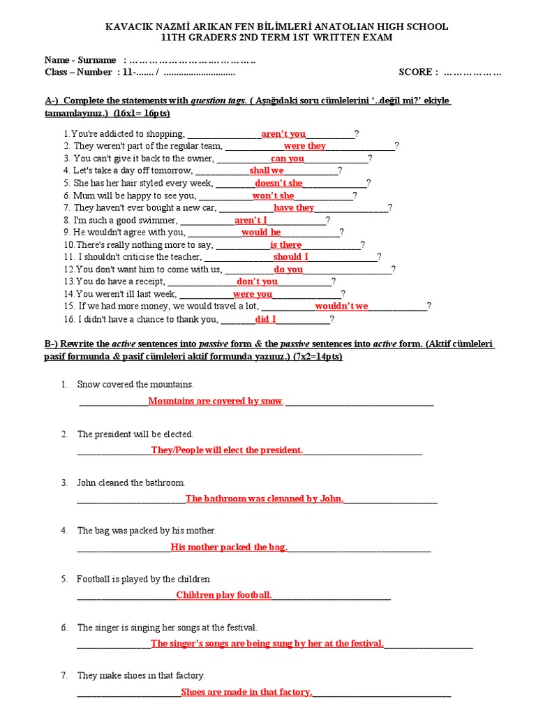 11 Say 2.dönem 1.yazili Cevap Anahtari | PDF